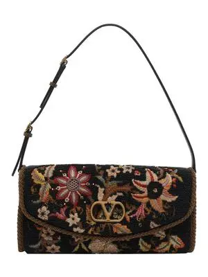 Valentino Garavani Devain Embroidered Beaded Bag With Floral Motif - Black