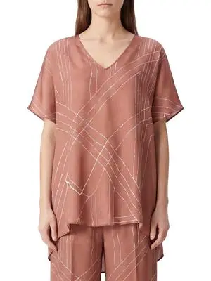 ALYSI Graphic Print Pure Silk V-neck Blouse - Nude