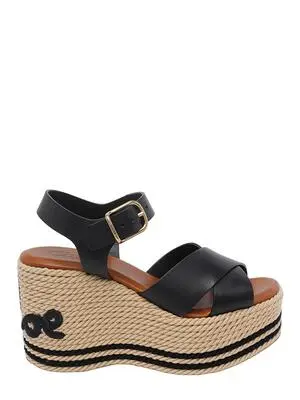 Chloé High Wedge Sandals In Calfskin Leather With Embroidered Logo - Black