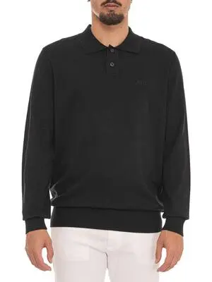 BOSS Long-sleeved Cotton Polo Shirt With Tone-on-tone Embroidered Logo - Black