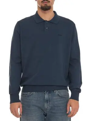 BOSS Long-sleeved Cotton Polo Shirt With Tone-on-tone Embroidered Logo - Blue