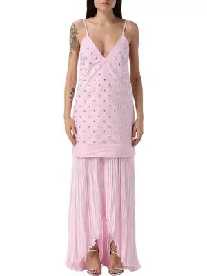 MSGM Pleated Cotton Evening Gown With V-neck And Embroidery - Pink