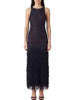 Giorgio Armani Sleeveless Halter Neck Maxi Dress With Sequins And Fringe - Blue