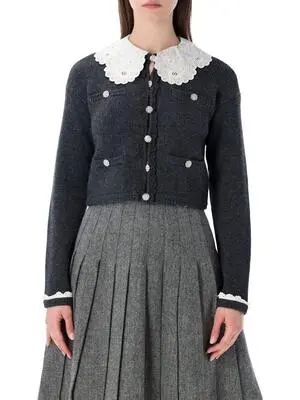 SELF-PORTRAIT Cropped Cardigan With Embellished Collar And Pockets - Grey