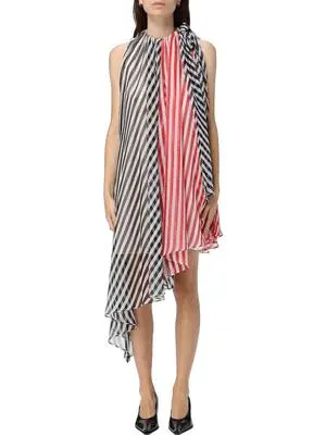 MSGM Asymmetric Striped Halterneck Midi Dress - Black