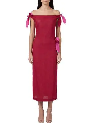 Liviana Conti Off-the-shoulder Midi Dress With Bow Detailing - Earth