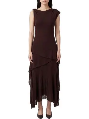 GANNI Asymmetrical Off-the-shoulder Midi Dress In Recycled Jersey - Brown