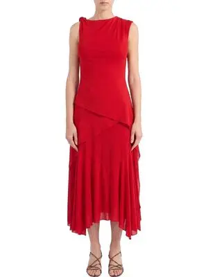 GANNI Asymmetrical Off-the-shoulder Midi Dress In Recycled Jersey - Red