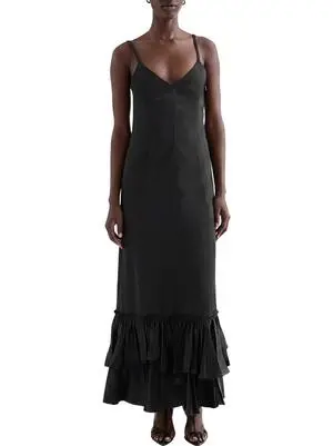 JIL SANDER Silk Blend V-neck Ruffled Maxi Dress - Black