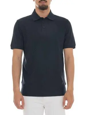BOSS Jacquard Cotton Knit Polo Shirt With Ribbed Collar - Blue