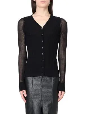 Pinko Ribbed V-neck Cardigan With Sheer Sleeves - Black