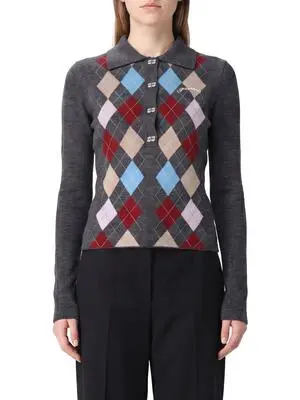 GANNI Slim Fit Argyle Wool Knit Long Sleeve Polo - Grey