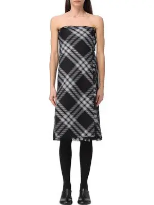 Burberry Plaid Strapless Midi Dress With Fringed Hem - Black
