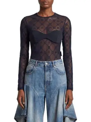 MARINE SERRE Crescent Moon Print Long-sleeved Tulle Top - Navy