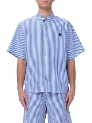 MSGM Striped Short-sleeve Cotton Shirt With Contrast Logo And Point Collar - Gnawed Blue