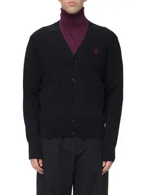 AMI Paris Wool Cardigan With Embroidered Logo - Black