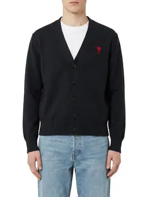 AMI Paris V-neck Cardigan With Embroidered Logo - Black