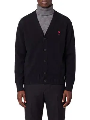 AMI Paris V-neck Cardigan With Embroidered Logo - Black