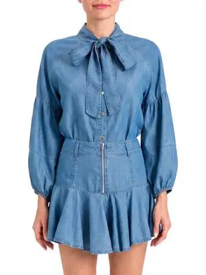 TWINSET Lyocell Pussy-bow Shirt With Balloon Sleeves - Denim