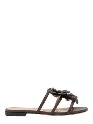 TWINSET Laminated Leather Slide Sandals With Flower Appliqué And Low Heel - Coffee