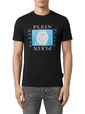 Philipp Plein Crewneck Cotton T-shirt With Contrasting Chest Logo - Black