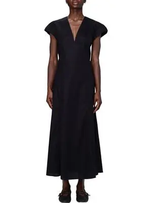 TWINSET A-line Stretch Cotton Midi Dress With V-neck And Short Sleeves - Black