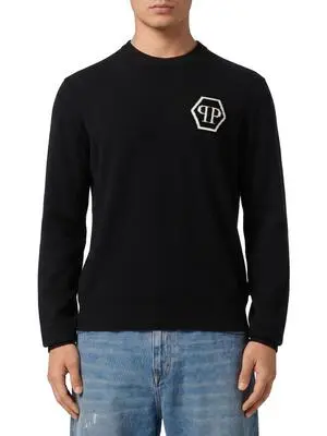 Philipp Plein Cashmere Crew Neck Sweater With Hexagon Logo - Black