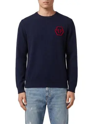 Philipp Plein Cashmere Crew Neck Sweater With Hexagon Logo - Navy