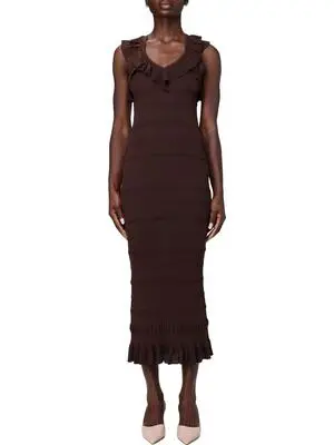 TWINSET Viscose Sheath Midi Dress With V-neck And Off-the-shoulder Design - Coffee