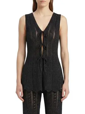 TWINSET Sleeveless V-neck Viscose Knit Vest With Tie Fastening And Wavy Hem - Black