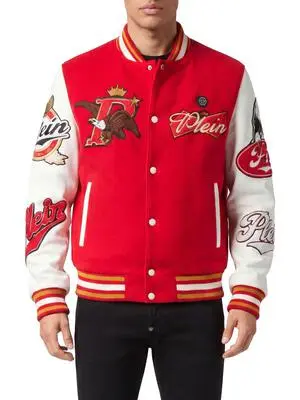 Philipp Plein Embroidered Wool Cloth Varsity Bomber Jacket - Red
