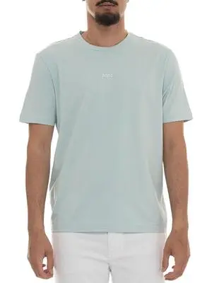 BOSS Crew Neck Stretch-cotton T-shirt With Contrast Chest Logo - Turquoise