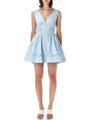 SELF-PORTRAIT Off-the-shoulder A-line Mini Dress With Embroidery And Lace - Blue