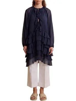 LA MARTINA Long-sleeved Ruffled Chiffon Mini Dress - Navy