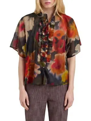 Momoni Short-sleeved Floral Print Cotton Shirt With Mandarin Collar And Ruffles - Multicolor
