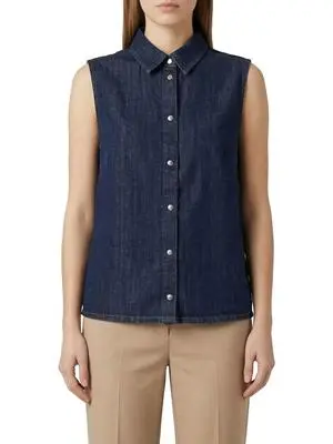 7 For All Mankind Sleeveless Denim Shirt With Spread Collar - Blue