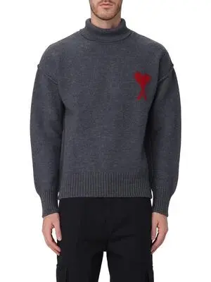 AMI Paris Wool Turtleneck Sweater With Jacquard Logo - Grey