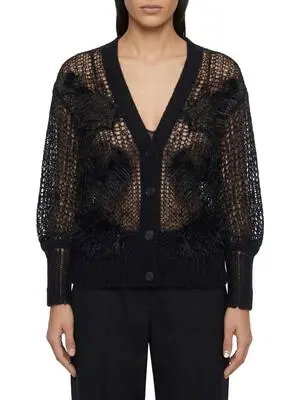 Attico Openwork Wool Blend Cardigan With Feather Embellishments - Black