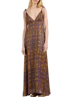 Momoni Abstract Print Maxi Dress With Tie-up Shoulder Straps - Leather