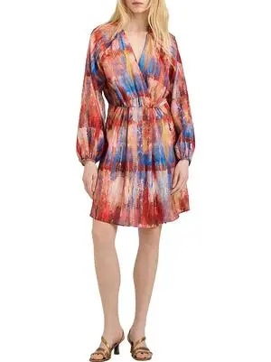 Momoni Abstract Print Silk Mini Dress With V-neck And Long Sleeves - Fuchsia