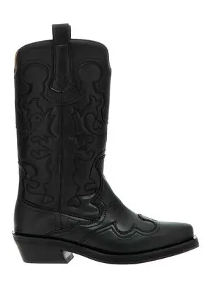GANNI Embroidered Western Boots - Black