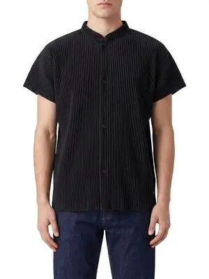 Issey Miyake Homme Plissé Pleated Short-sleeve Shirt With Mandarin Collar - Black