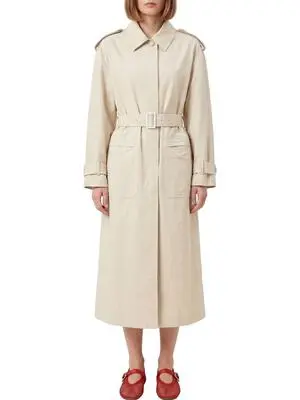 Maison Kitsuné Long Cotton Denim Trench Coat With Belt - Beige