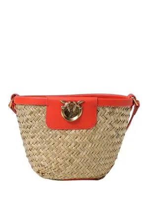 Pinko Straw Bucket Bag With Leather Trim - Red