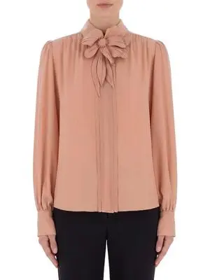Valentino Garavani Pussy-bow Silk Shirt With Floral Appliqu - Pink