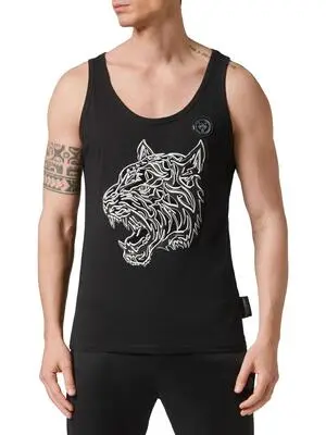PLEIN SPORT Slim Fit Cotton Tank Top With Graphic Logo Print - Black