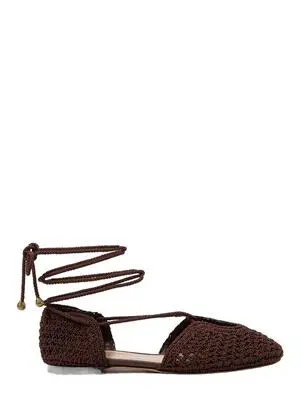 TWINSET Crochet Polyester Ballet Flats With Ankle-tie Ribbons - Coffee