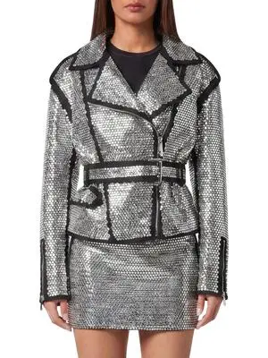 Philipp Plein Embellished Biker Jacket With Peak Lapels - Silver