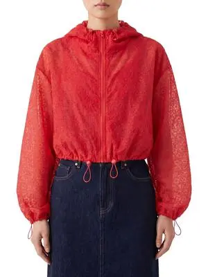 Cecilie Bahnsen Cropped Bomber Jacket With Hood And Floral Print - Red