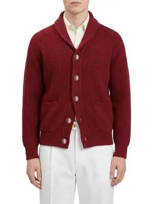 Brunello Cucinelli Ribbed Cotton Shawl Collar Cardigan - Cherry